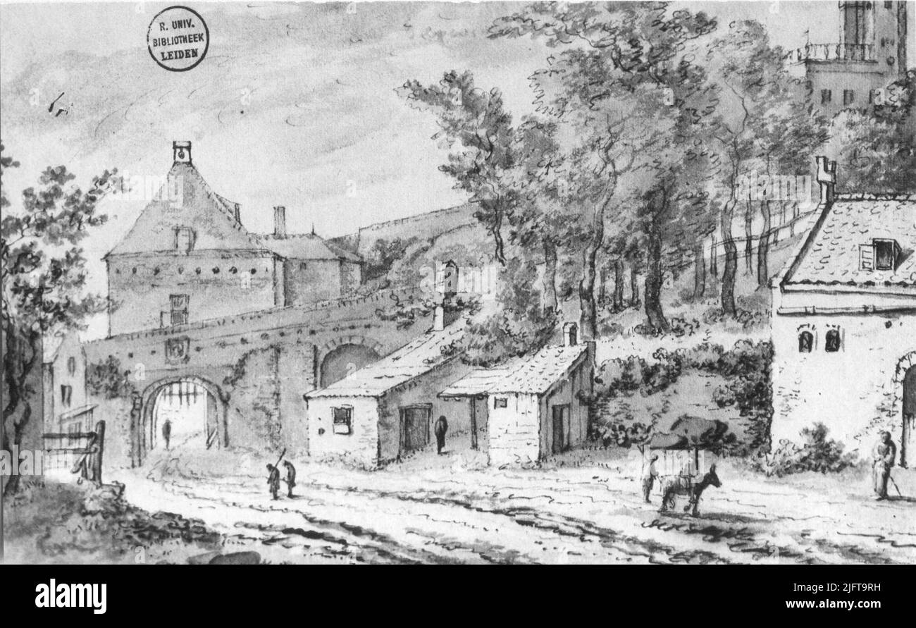 On the left the Hoenderpoort or the Hunnerpoort; a pen drawing; The ...