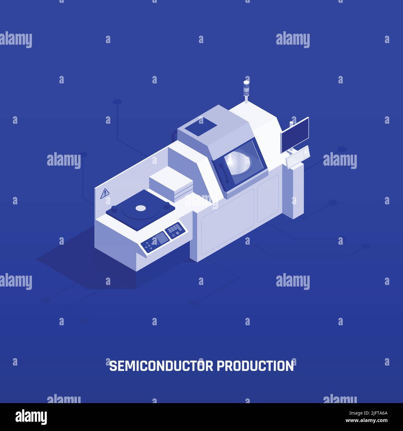 Semiconductor chip production isometric composition with image of work station with electronic ...