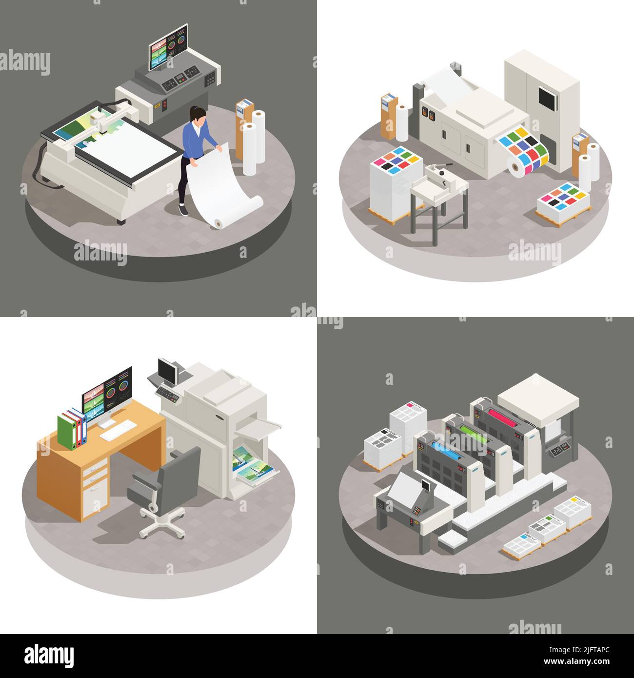 Printing house set of square compositions with isometric images of ...