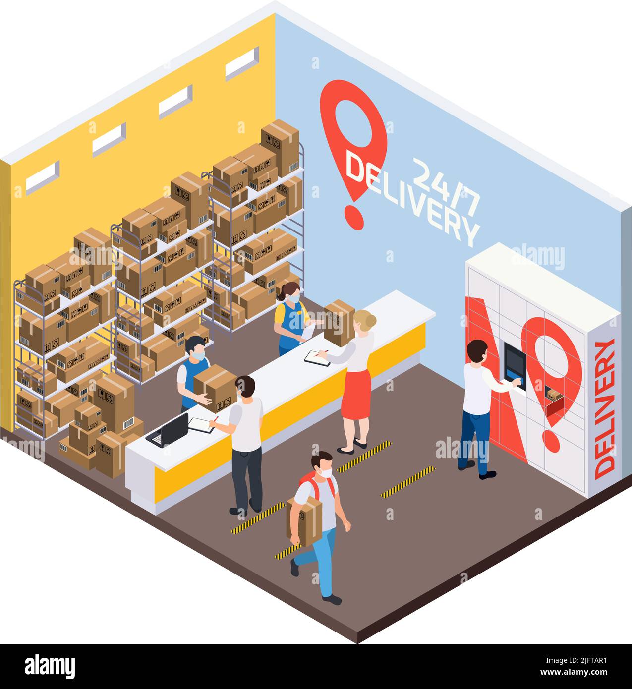 Delivery service isometric composition with indoor view of pickup point ...