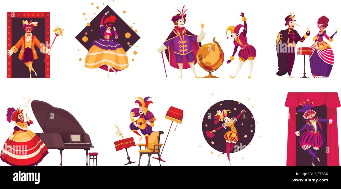 Set of cartoon compositions with men and women in beautiful venetian ...