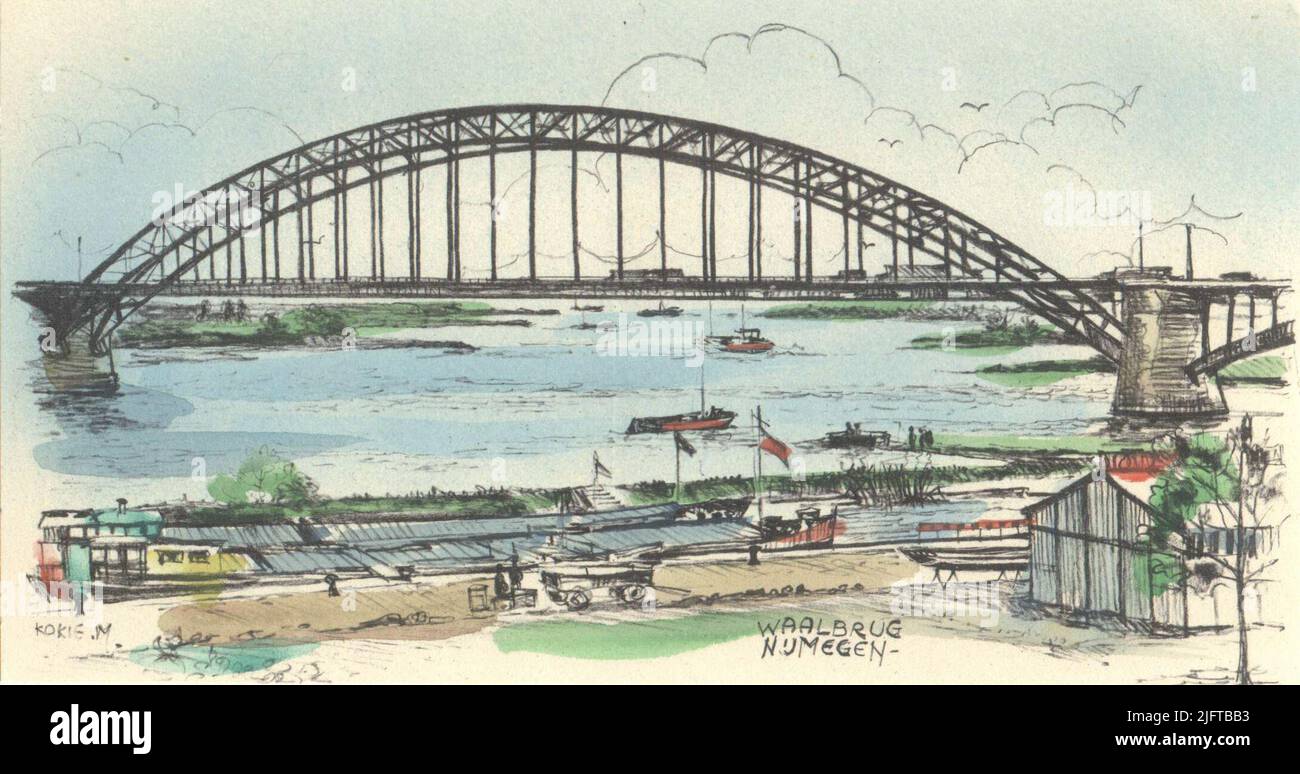 Sketch of the Waal Bridge with quay Stock Photo - Alamy