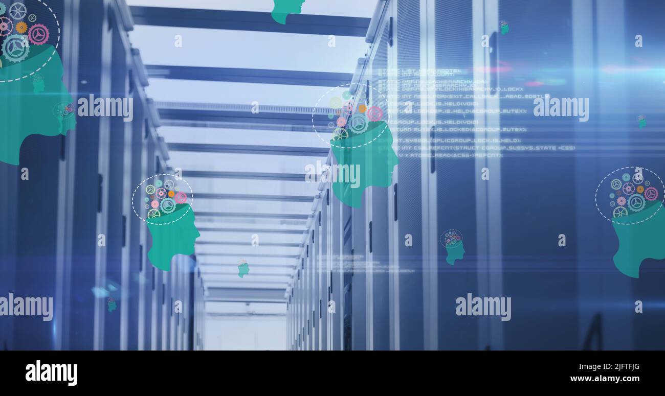 Image of human heads with cogs and data processing over computer ...