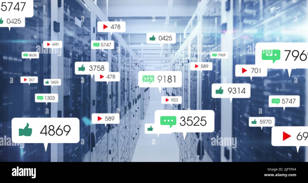 Image of social media icons and numbers on banners over computer ...