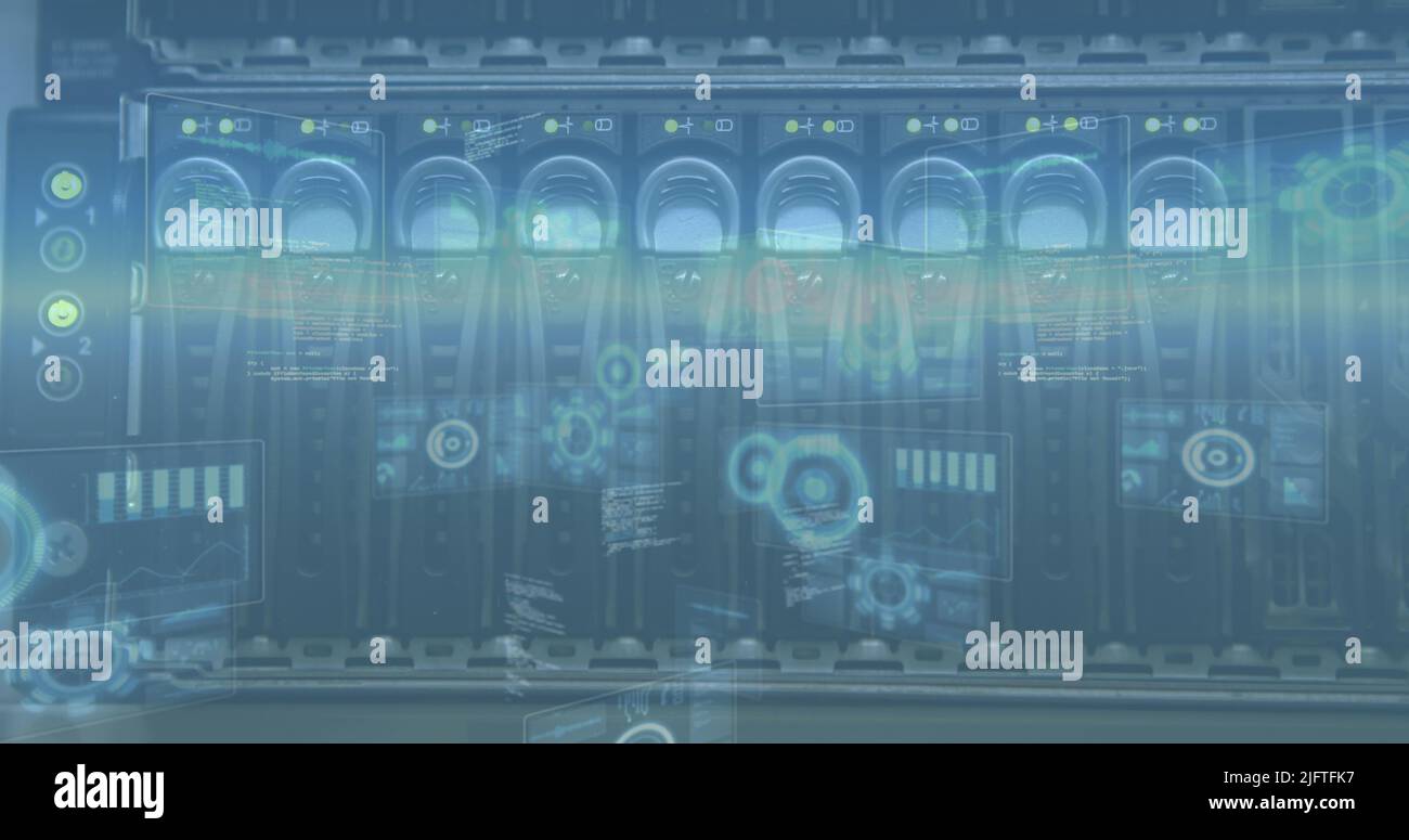 Image of interface screens with information moving over flashing ...