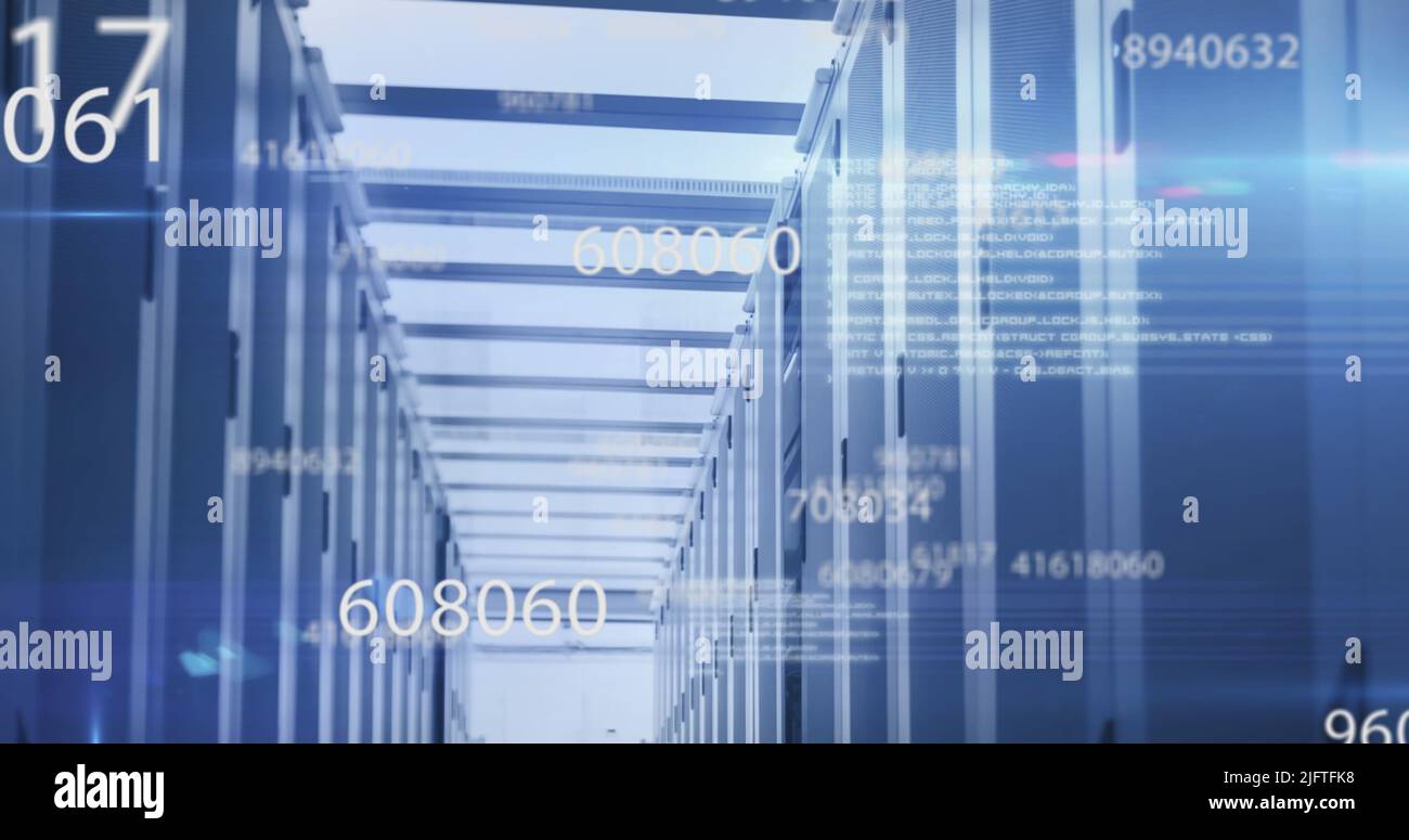 Image of data processing and numbers over server room. global science ...