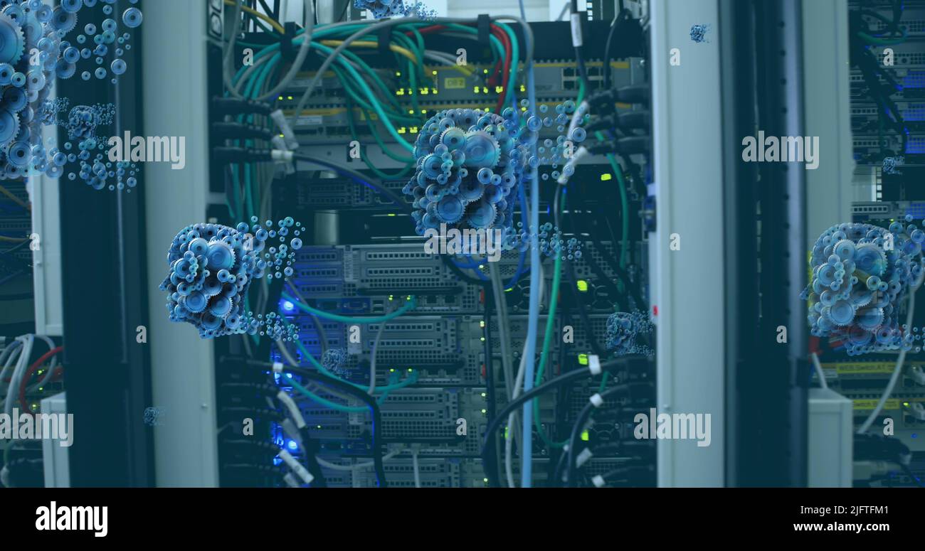 Image of human heads formed with cogs over computer server. global ...