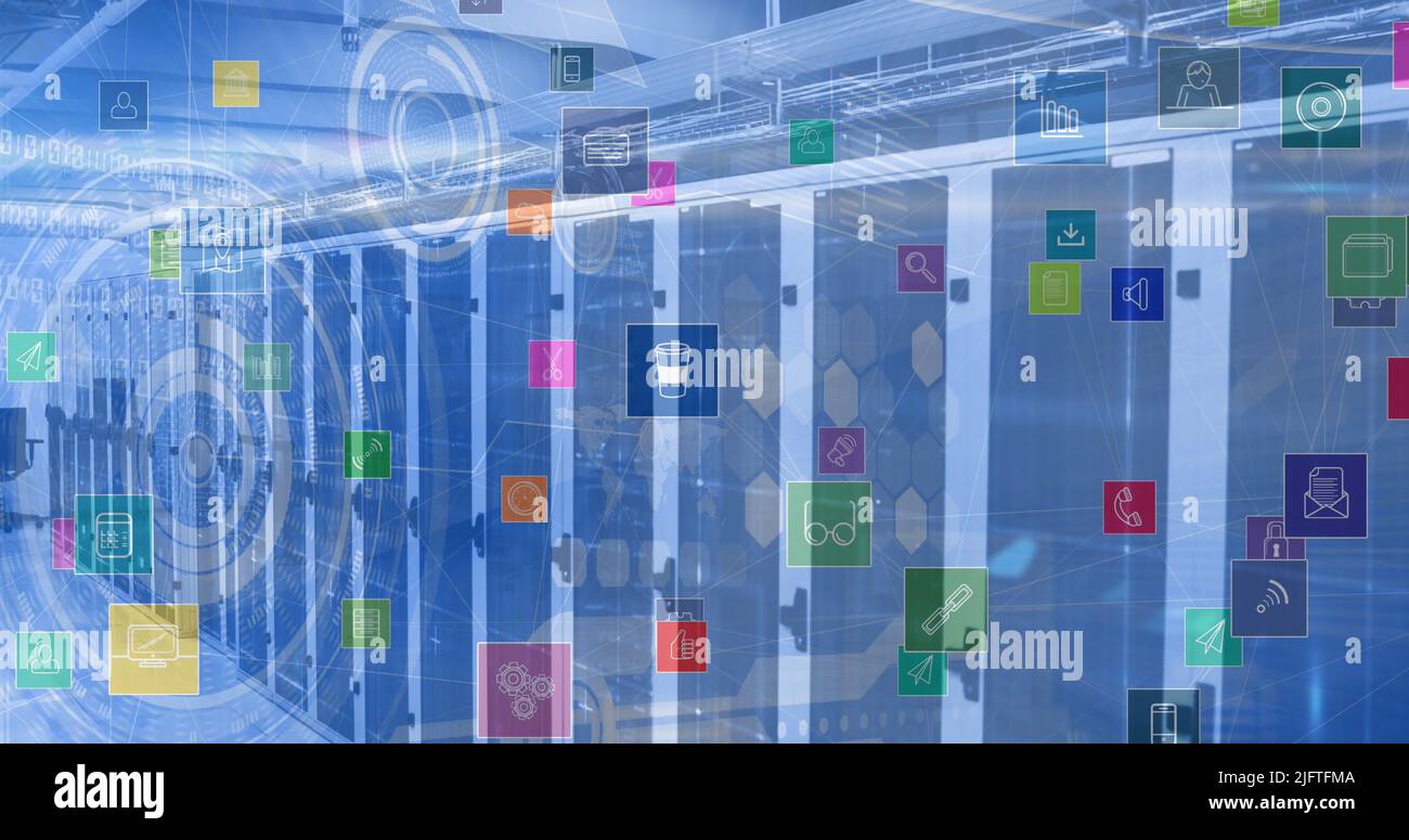 Image of digital icons over scopes scanning and computer servers on ...