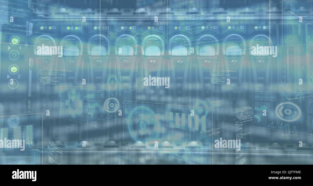 Image of interface screens with information moving over flashing ...