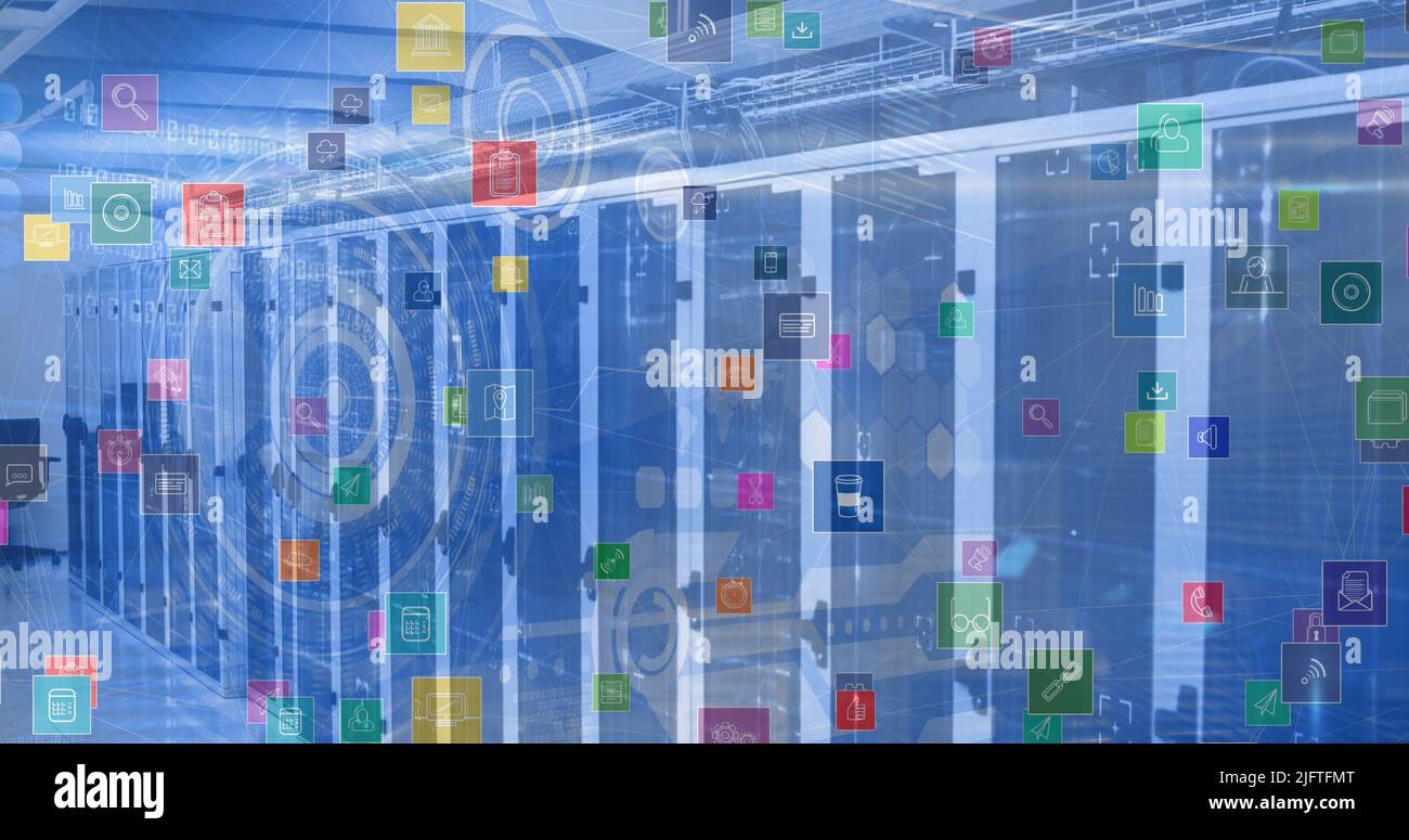 Image of digital icons over scopes scanning and computer servers on ...