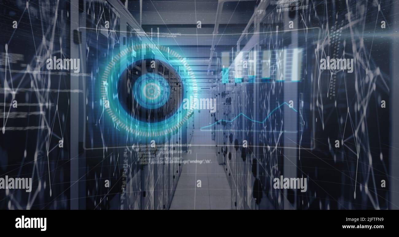 Image of scope scanning over computer servers. global connections, data processing and digital ...