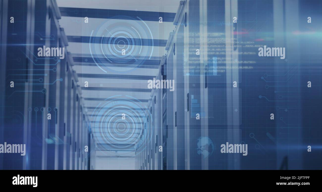 Image of scope scanning and data processing over tech room with computer servers. digital ...