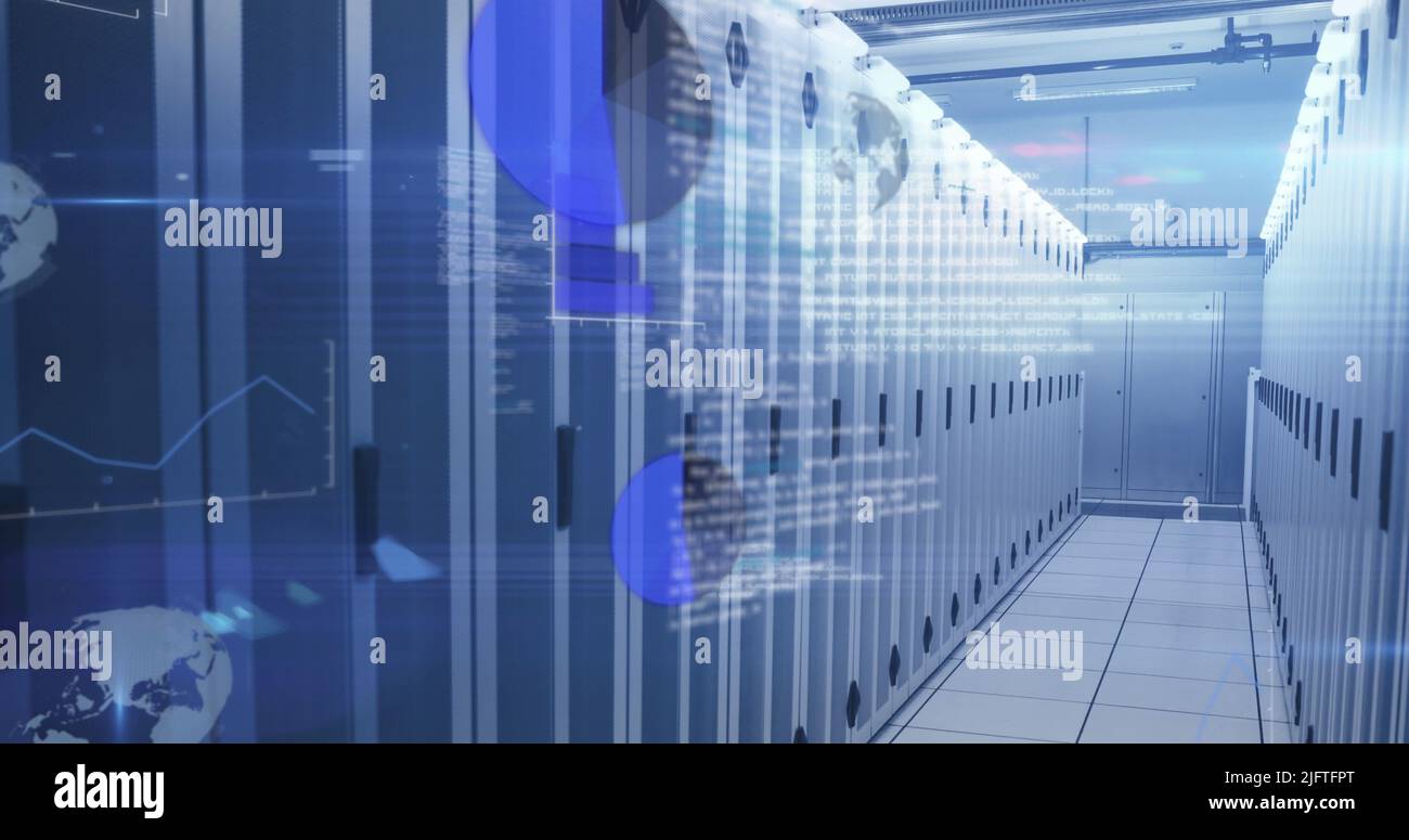 Image of statistics recording and data processing over tech room with computer servers. digital ...