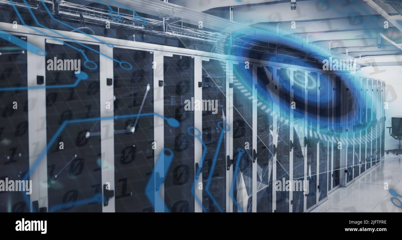 Image of scope scanning and data processing over computer servers in background. digital ...