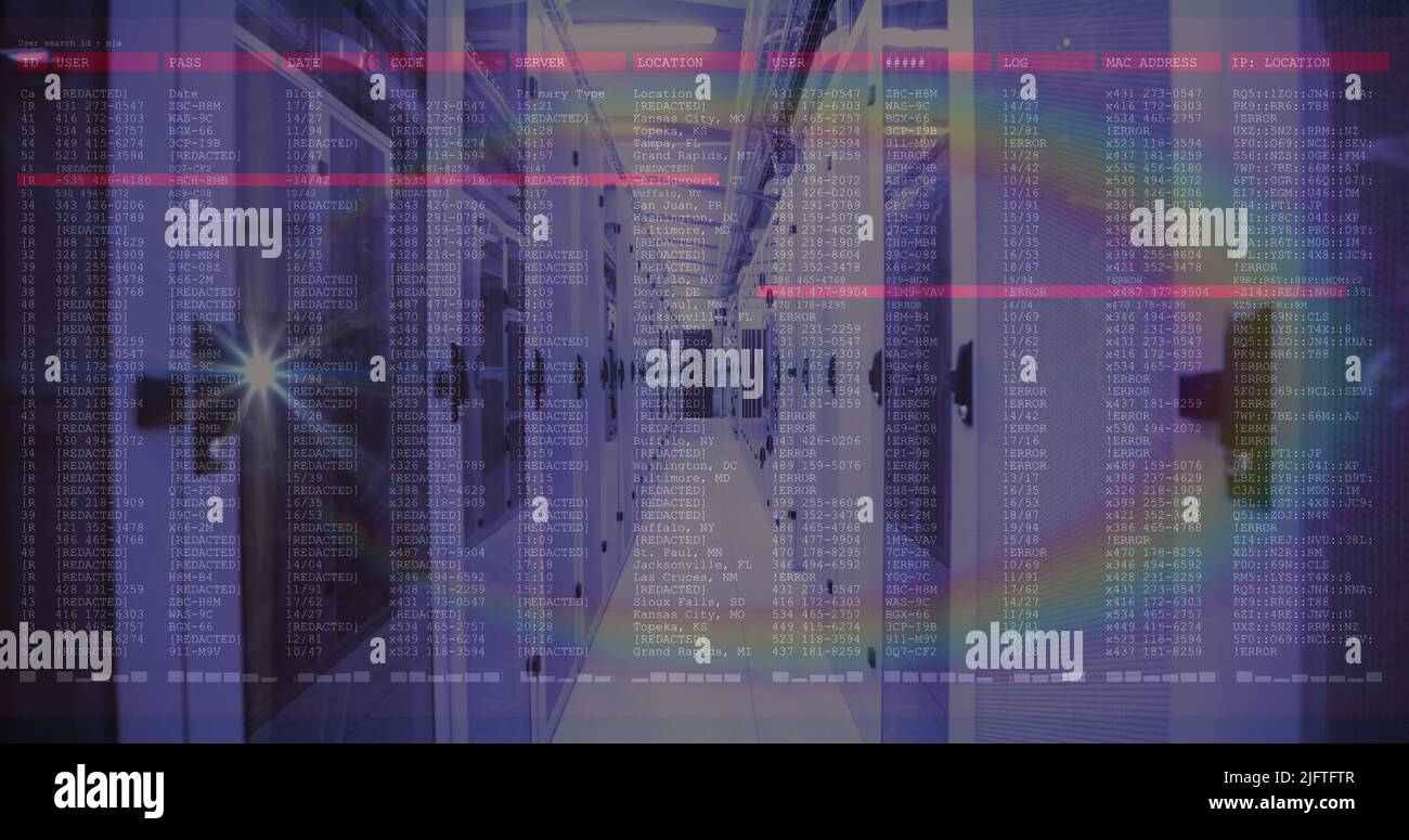 Image of data processing on computer screens over tech room with ...
