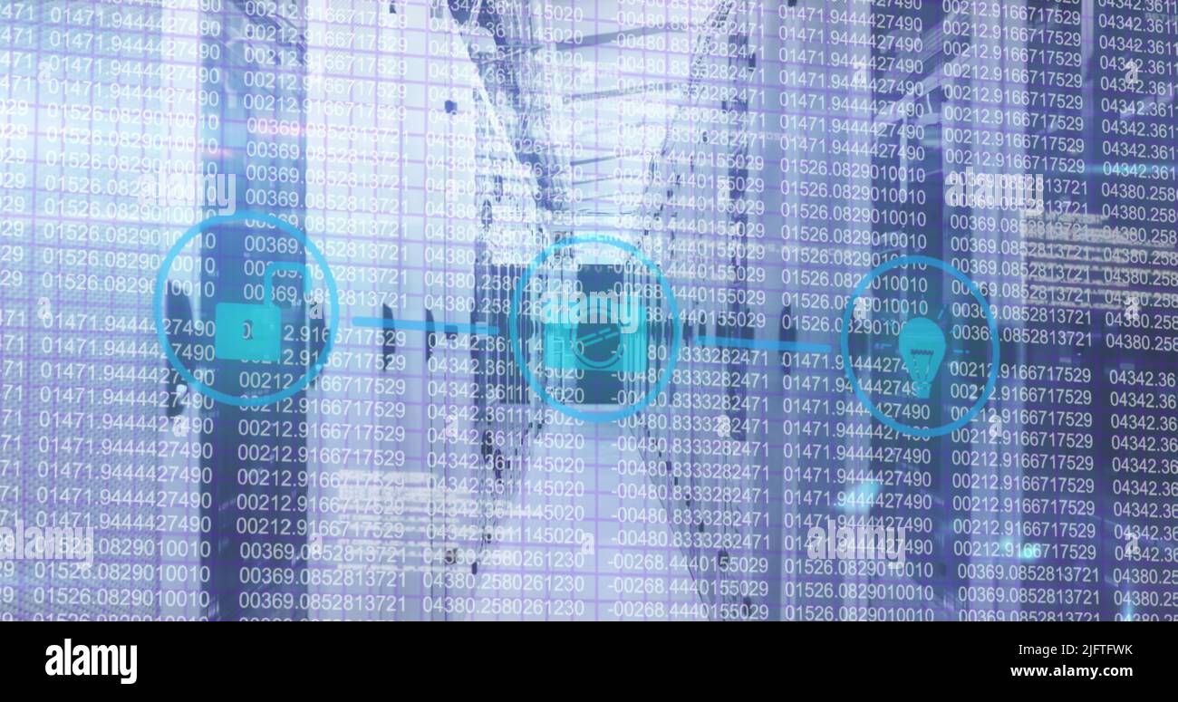 Digital image of Network of digital icons over data processing against ...