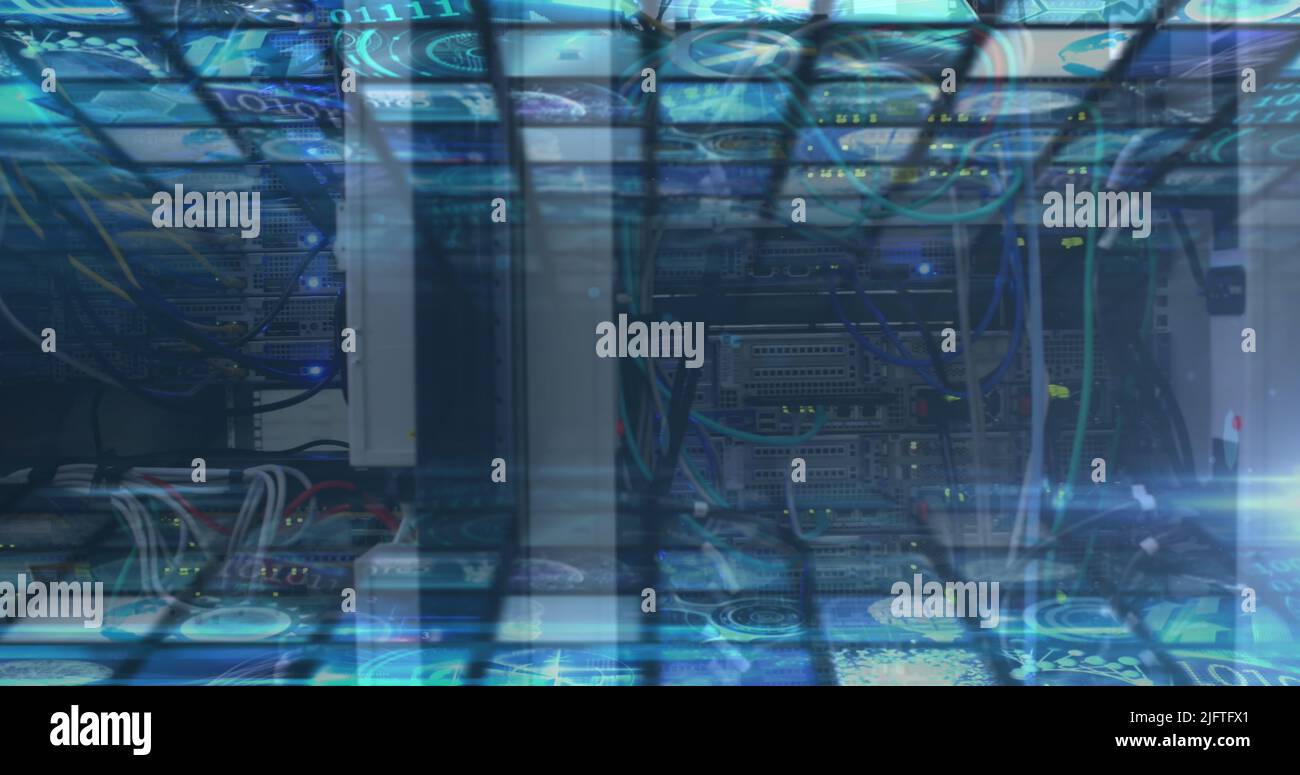 Image of multiple screens over an empty server room. digital interface ...