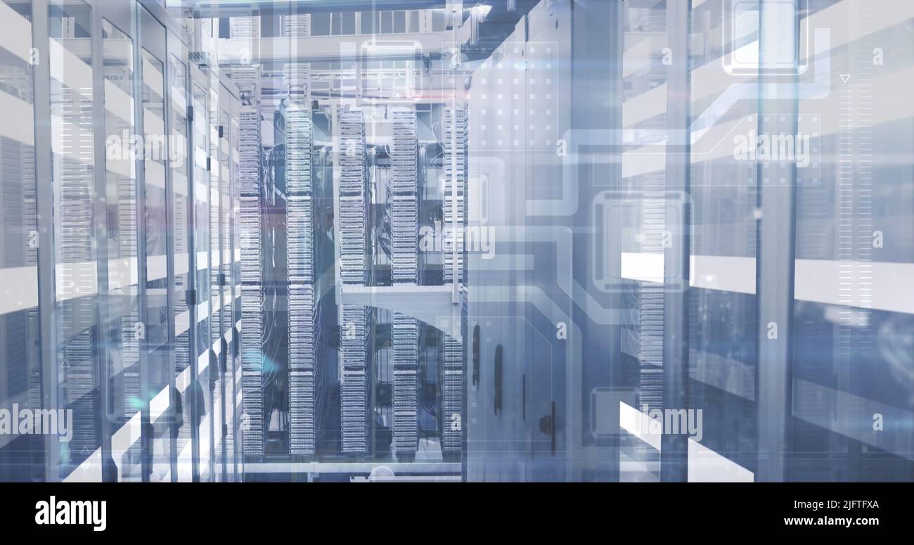 Digital Image Of Microprocessor Connections Against Empty Server Room Computer Interface