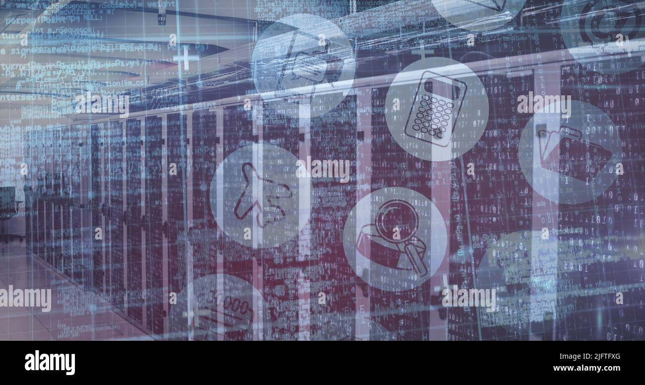 Image of technological icons with data and information over empty server room. digital interface ...