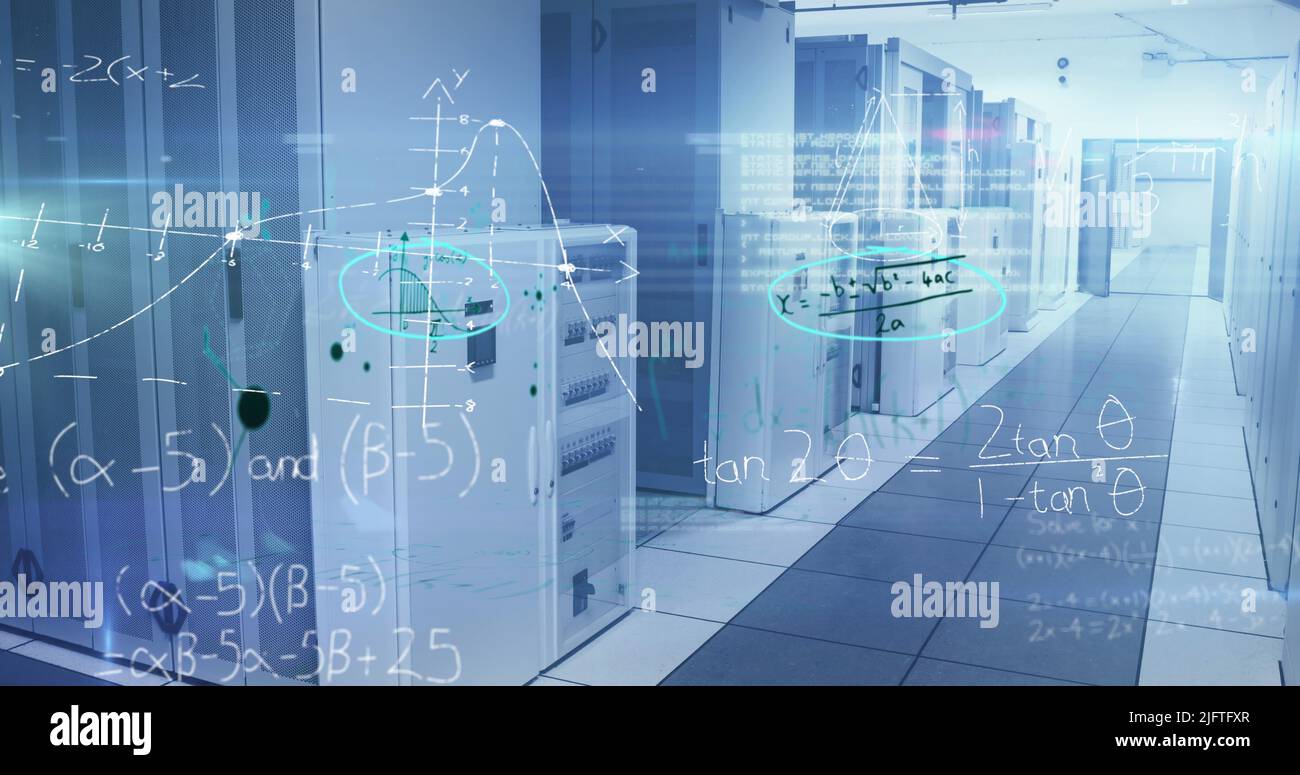 Image of handwritten mathematical equations and molecular structures moving over a network of ...