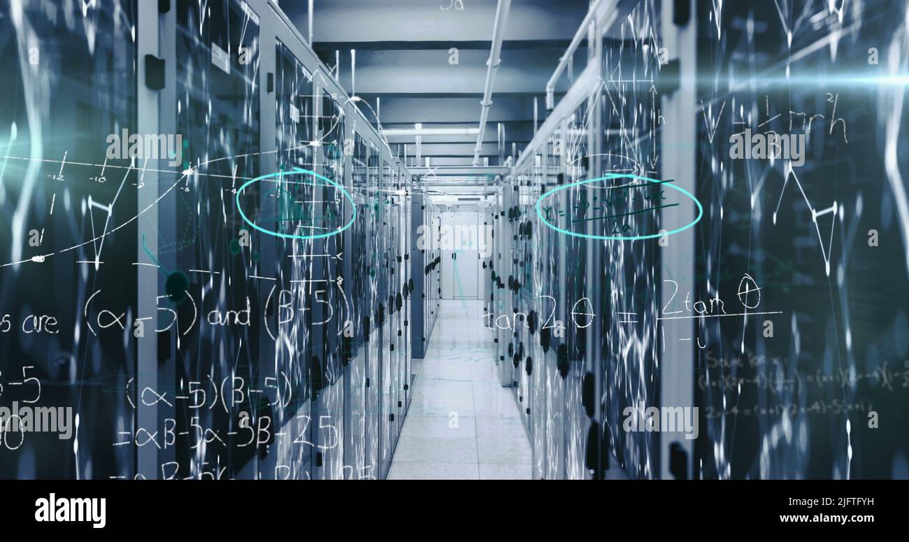 Image of handwritten mathematical equations and molecular structures moving over a network of ...