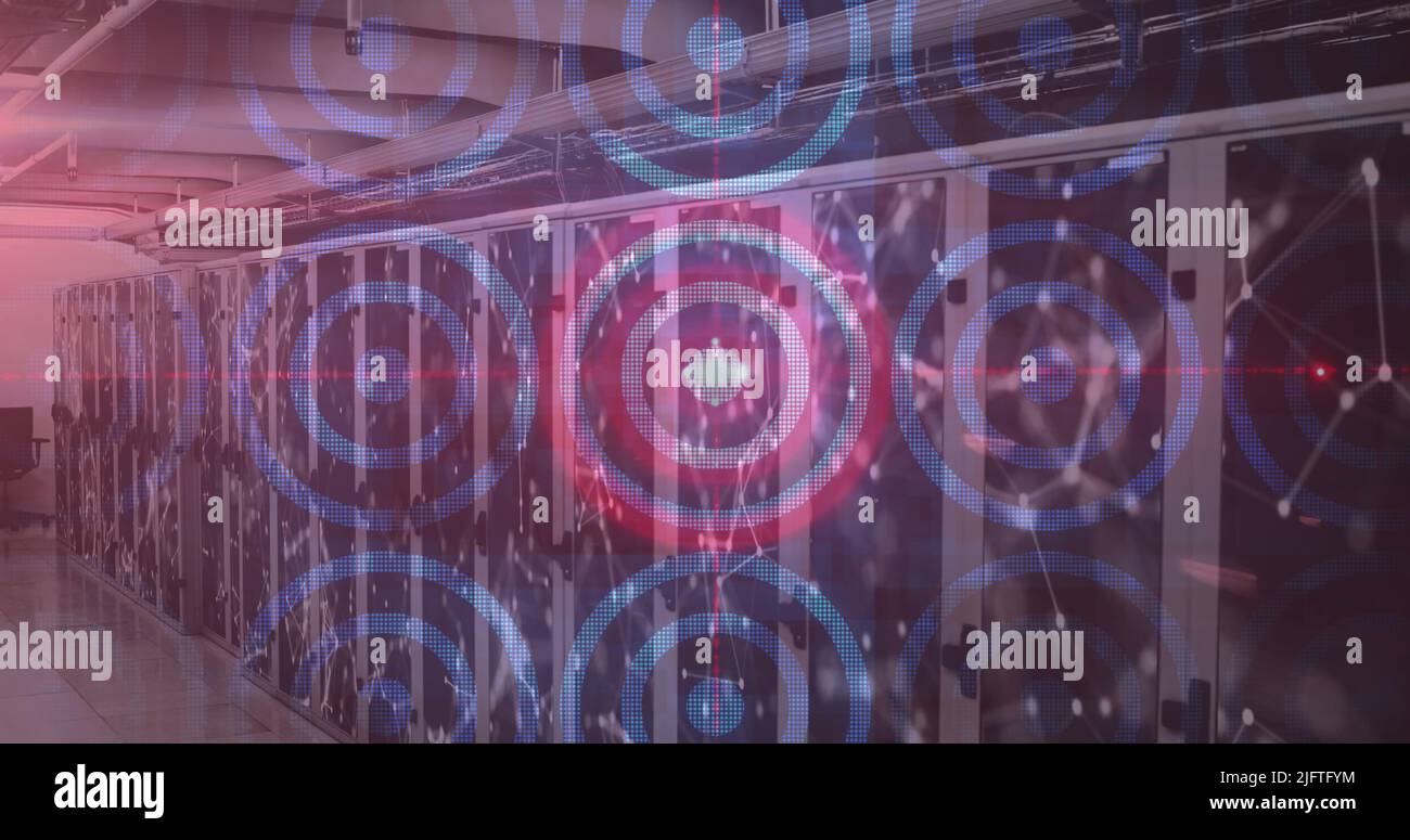 Image of multiple white and red circles over an empty server room. digital interface global ...