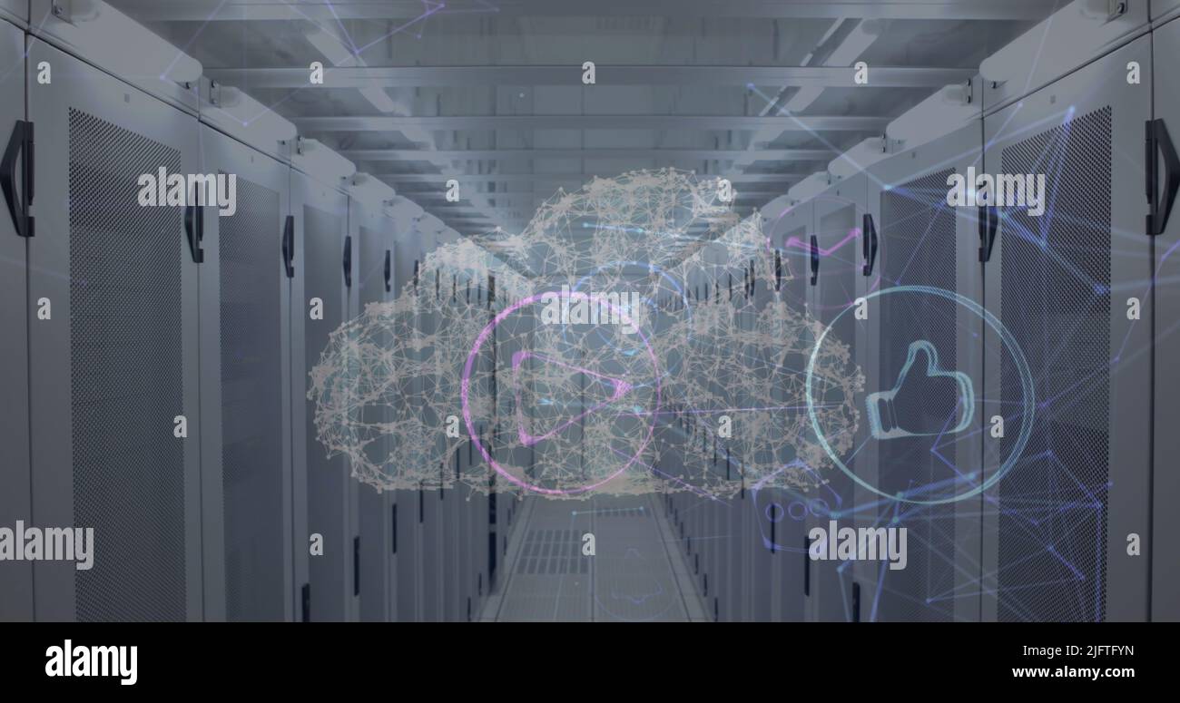 Digital image of network of connections forming a cloud icon and Network of digital icons ...