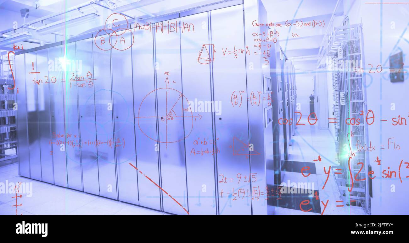 Image of handwritten mathematical equations and formulae over network ...