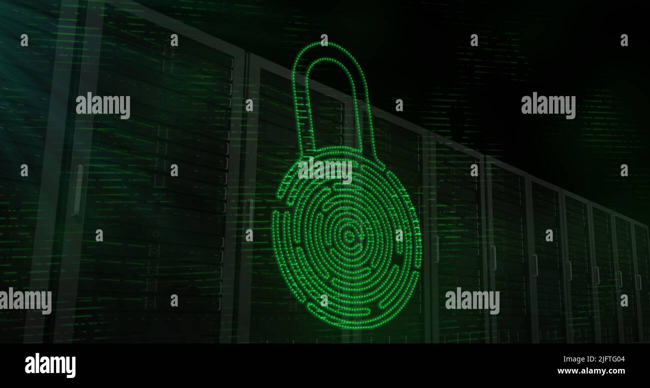Digital image of green glowing Security padlock icon over multiple ...