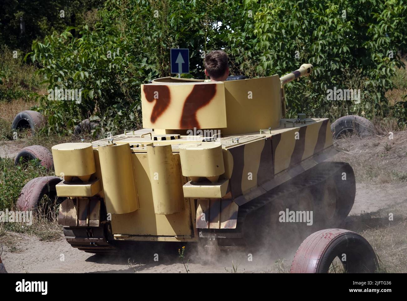 Kiev, Ukraine August 23, 2020: Children ride mock-ups of a German Tiger ...