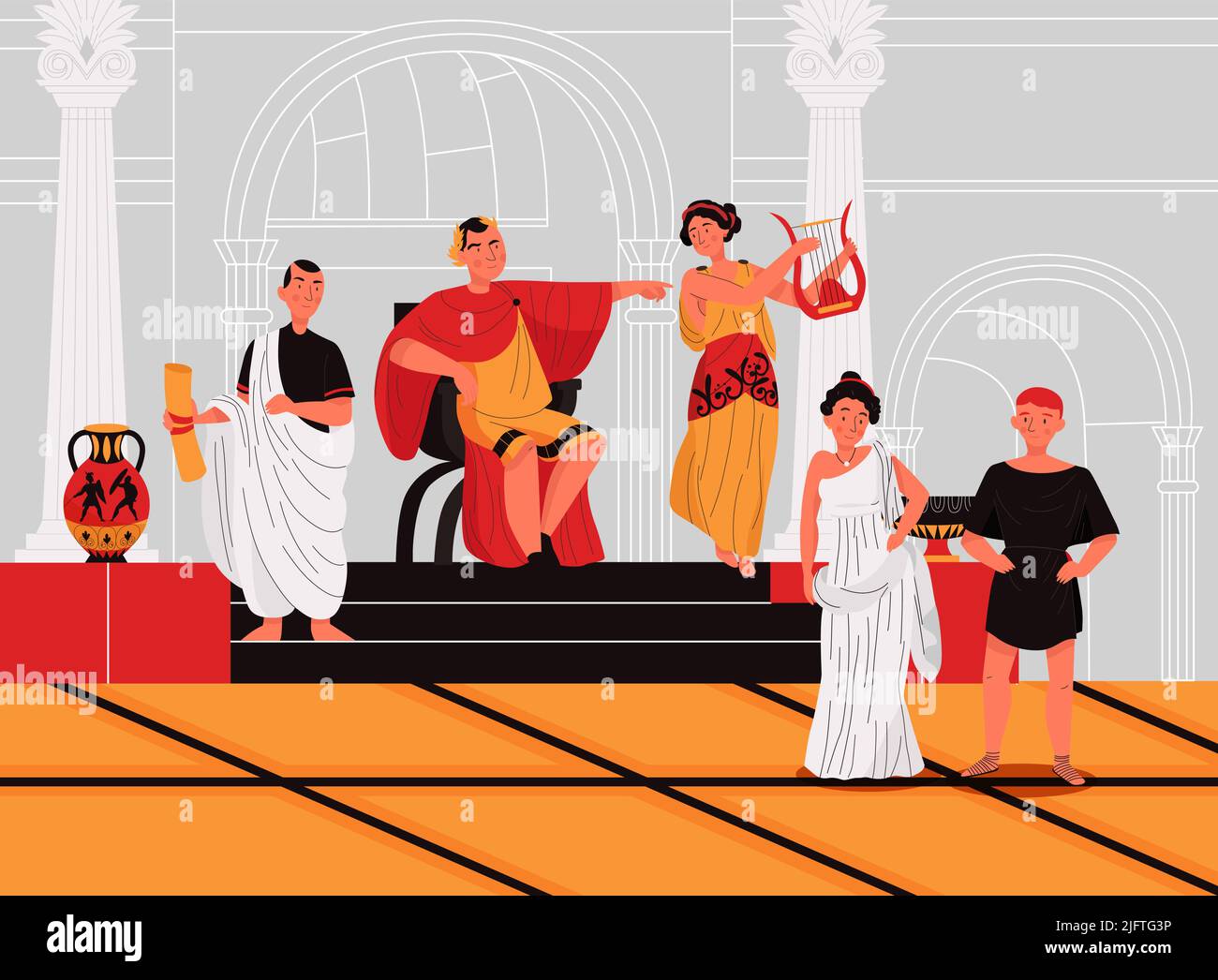Ancient roman people with emperor on throne senator woman playing harp ...