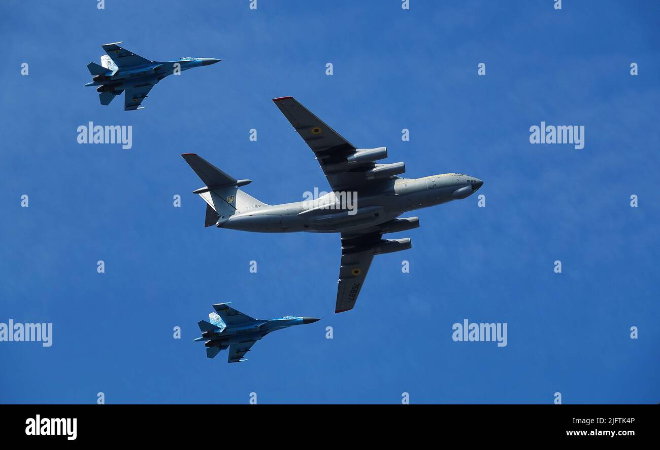 Kyiv, Ukraine August 24, 2021: Il-76 and SU-27 aircraft at the ...