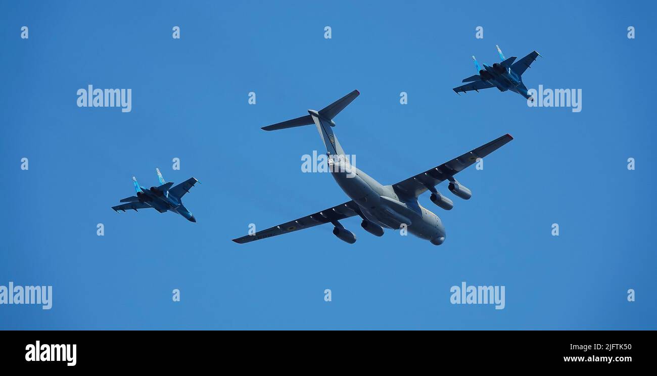 Kyiv, Ukraine August 24, 2021: Il-76 and SU-27 aircraft at the ...