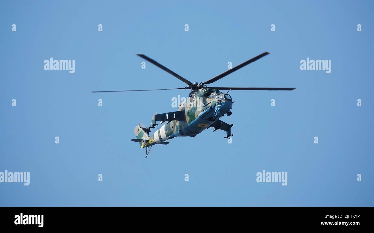 Kyiv, Ukraine August 24, 2021: MI-24 helicopter at the celebration of ...