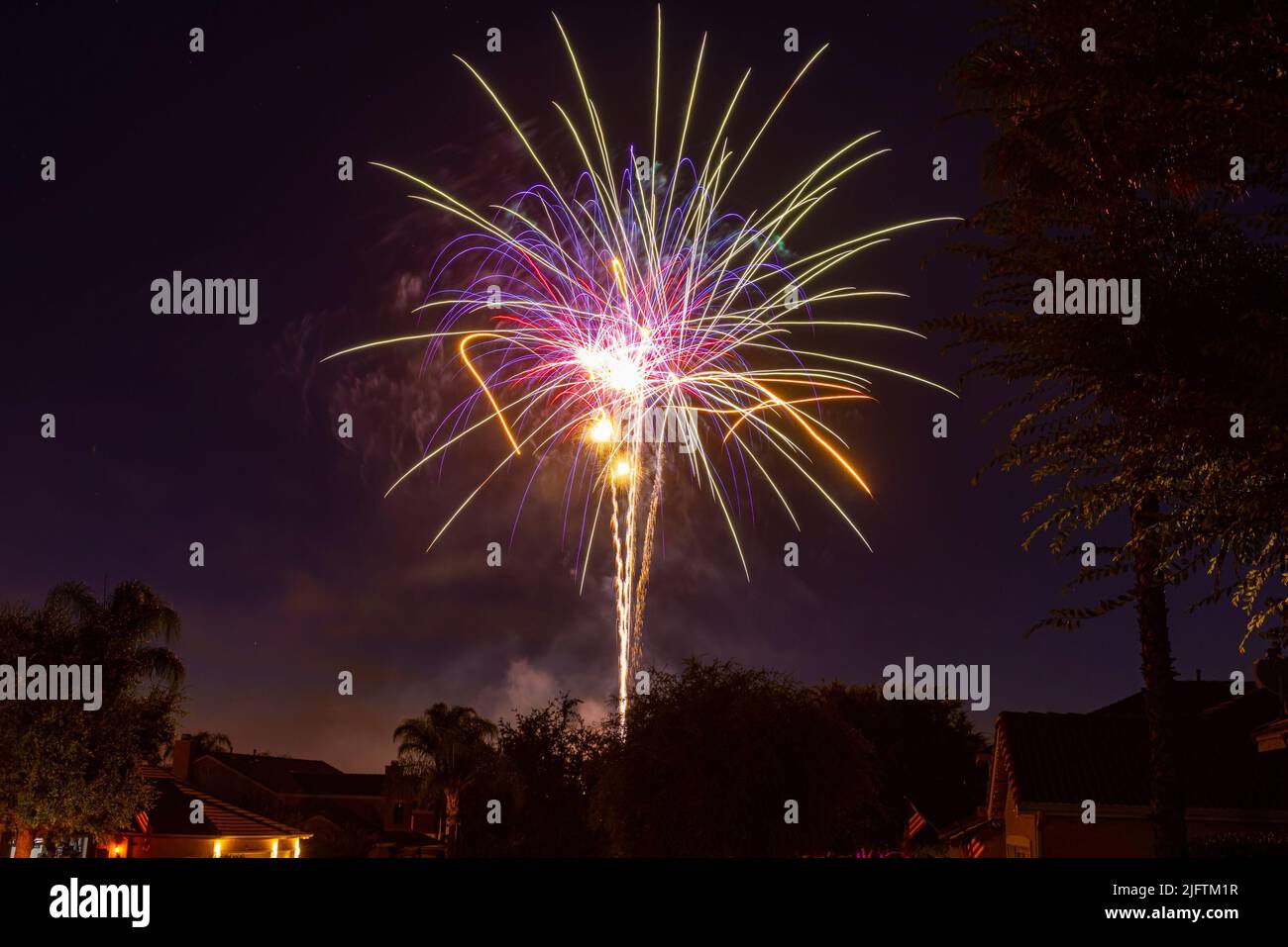 A beautiful view of colorful fireworks on Independence day in Murrieta ...