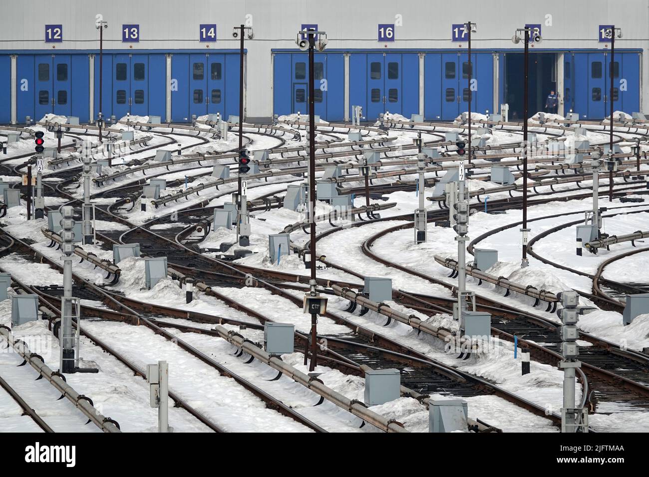 Kiev, Ukraine February 25, 2021: Railroad tracks in the depot for the ...