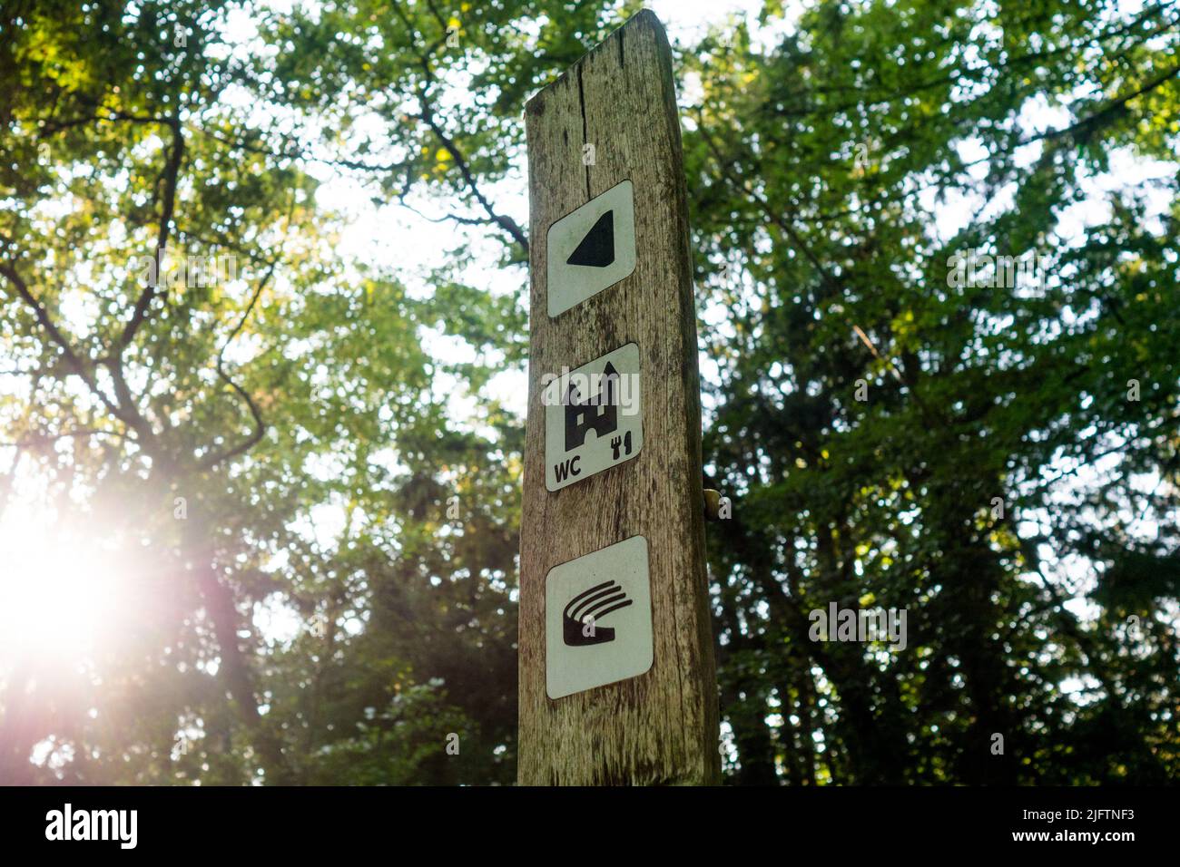 Outdoor wooden sign showing way to castle, OLT theatre and toilet in ...
