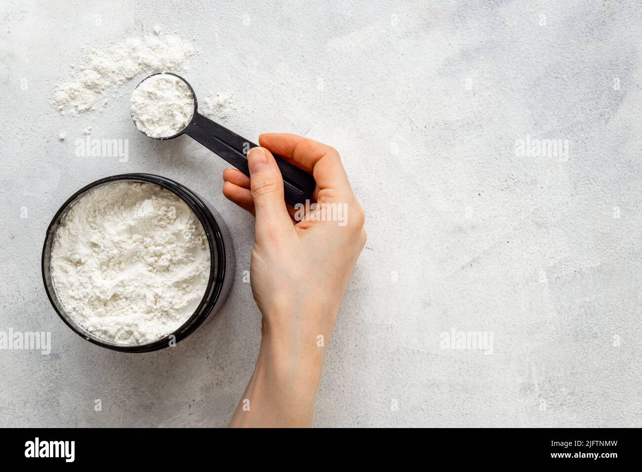 Sport diet nutrition and fitness equipment. Jar with whey protein Stock ...