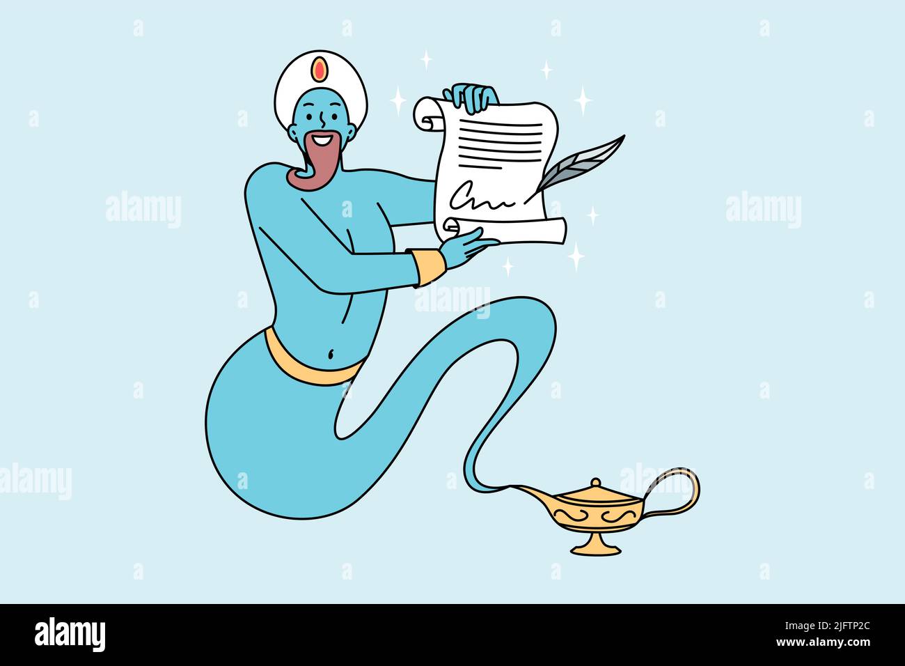 Blue genie from golden bottle holding paper granting wishes. Jinn with ...