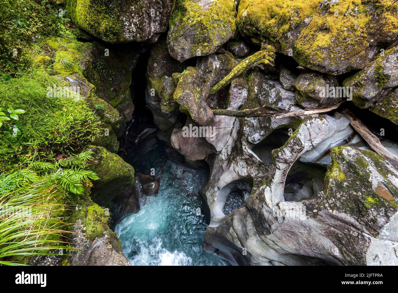 A top view of The Chasm flowing through moss-covered rocks in South ...