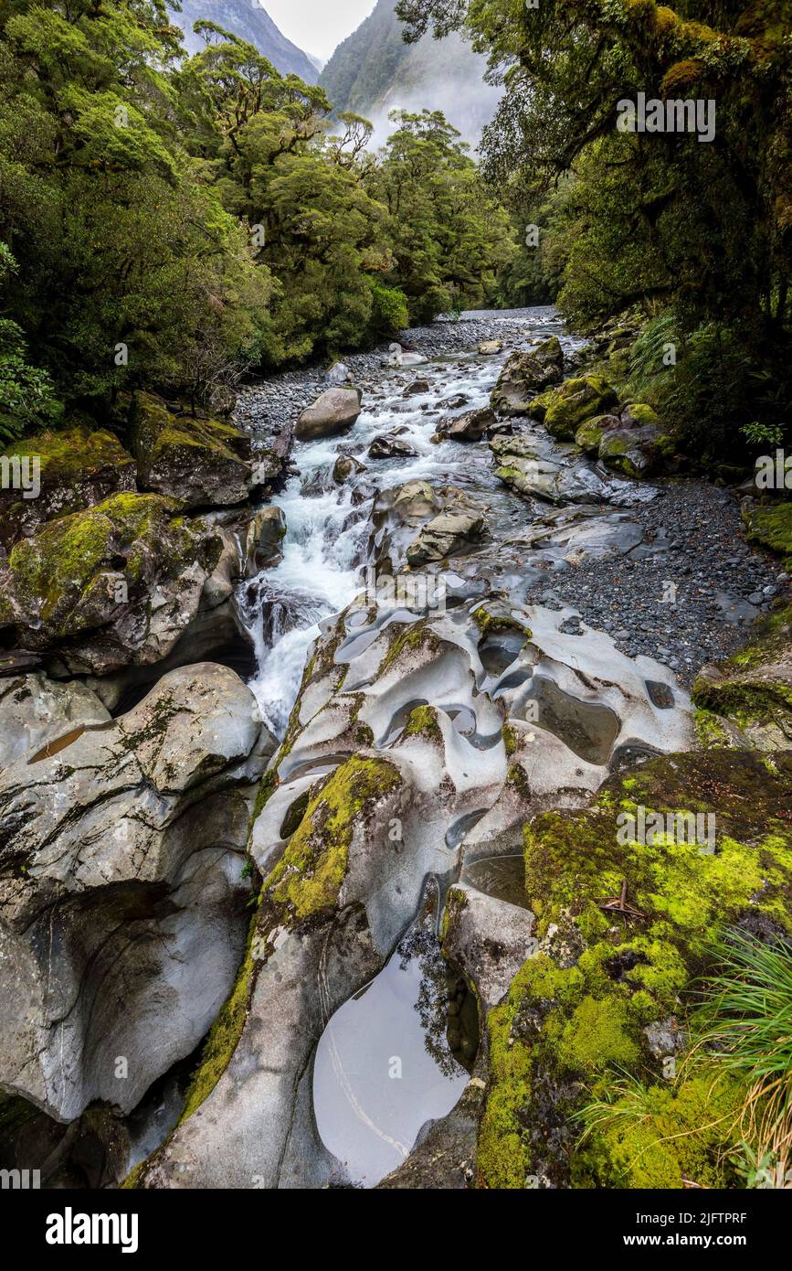 A breathtaking view of The Chasm flowing through moss-covered rocks in ...