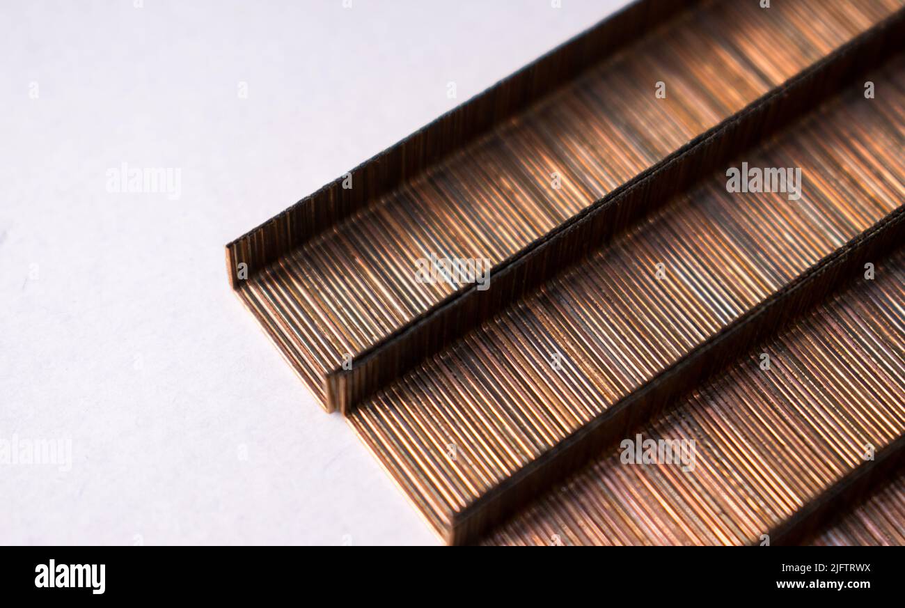 A top view of row of upside-down bronze stapler pins on white table ...