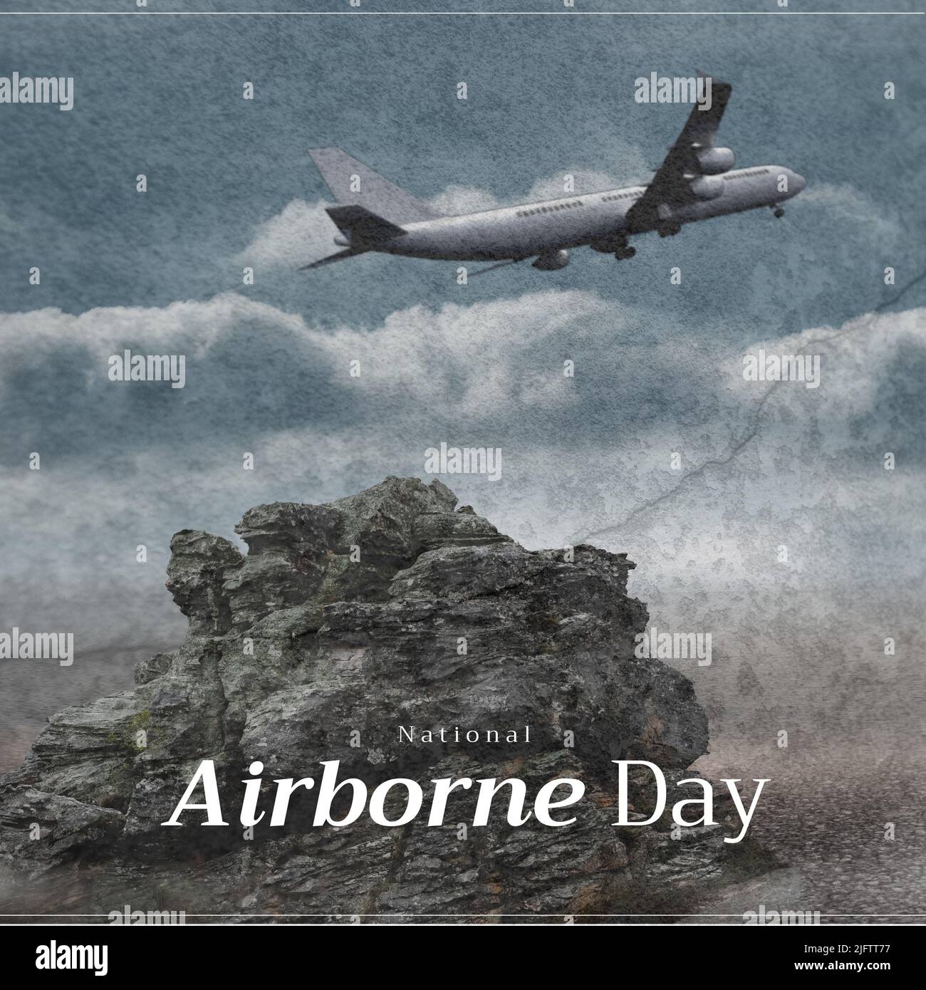 National airborne day text banner and grunge overlay over airplane icon ...
