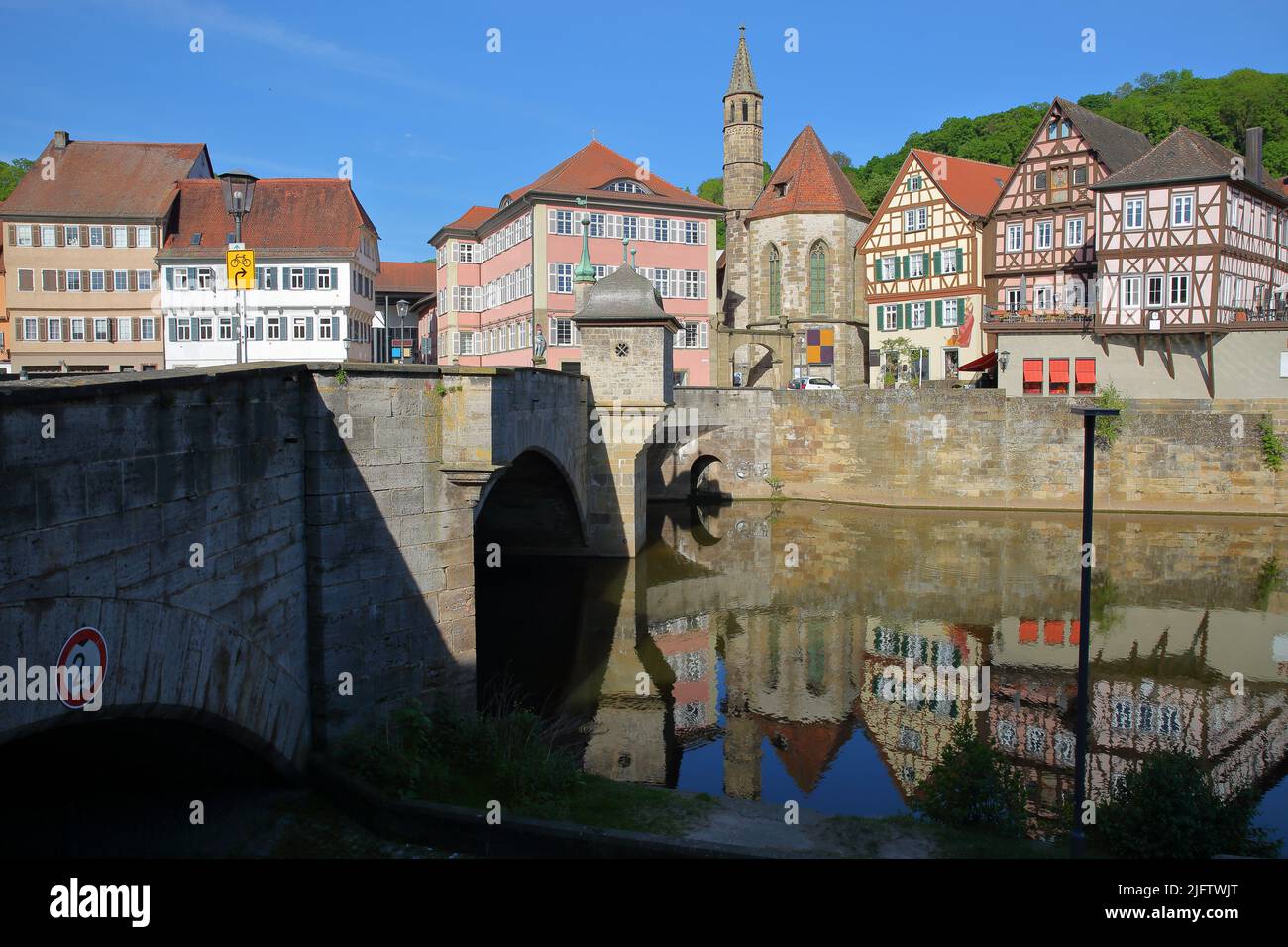 Timbered framed and medieval traditional houses in the medieval town Schwabisch Hall, Baden ...