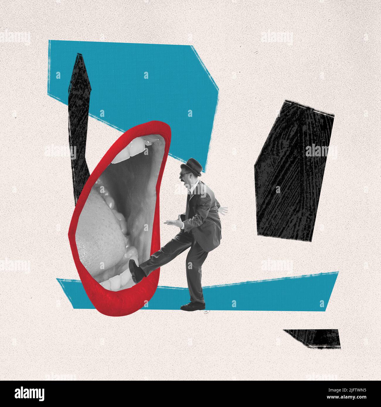 Composition with man in retro style outfit steps into large open mouth ...