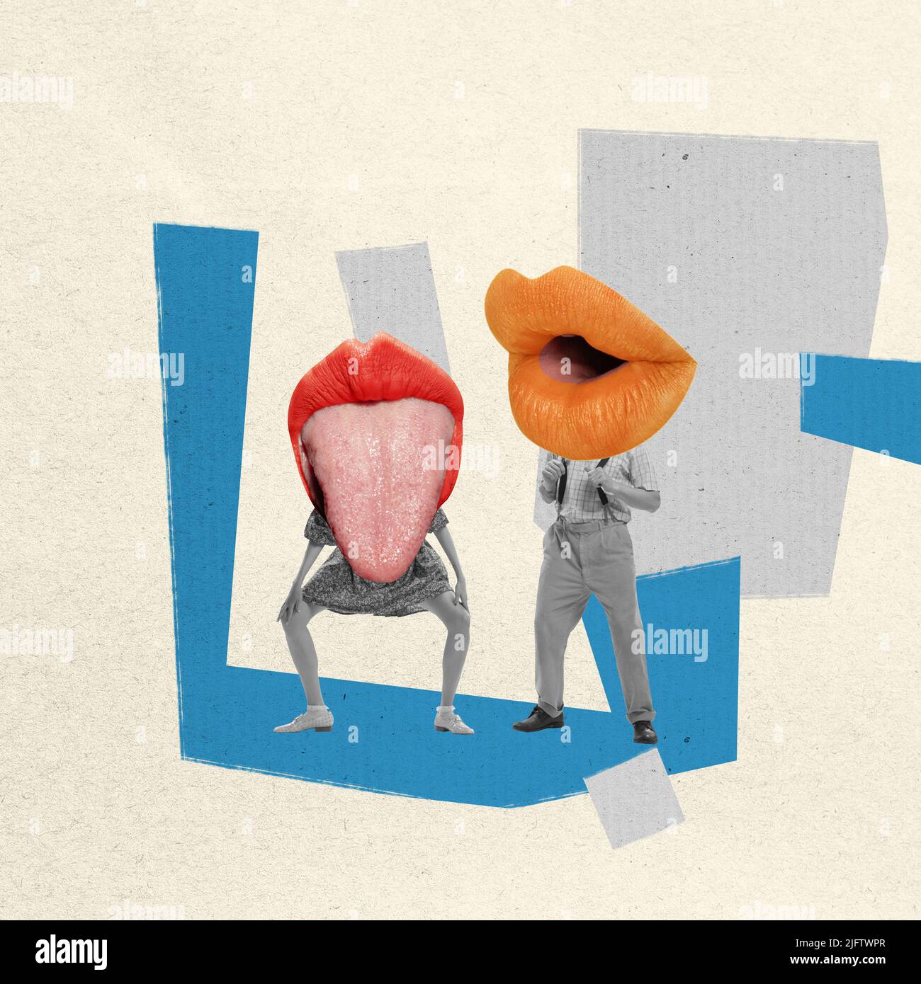 Contemporary art collage. Couple, man and woman with big open mouths ...