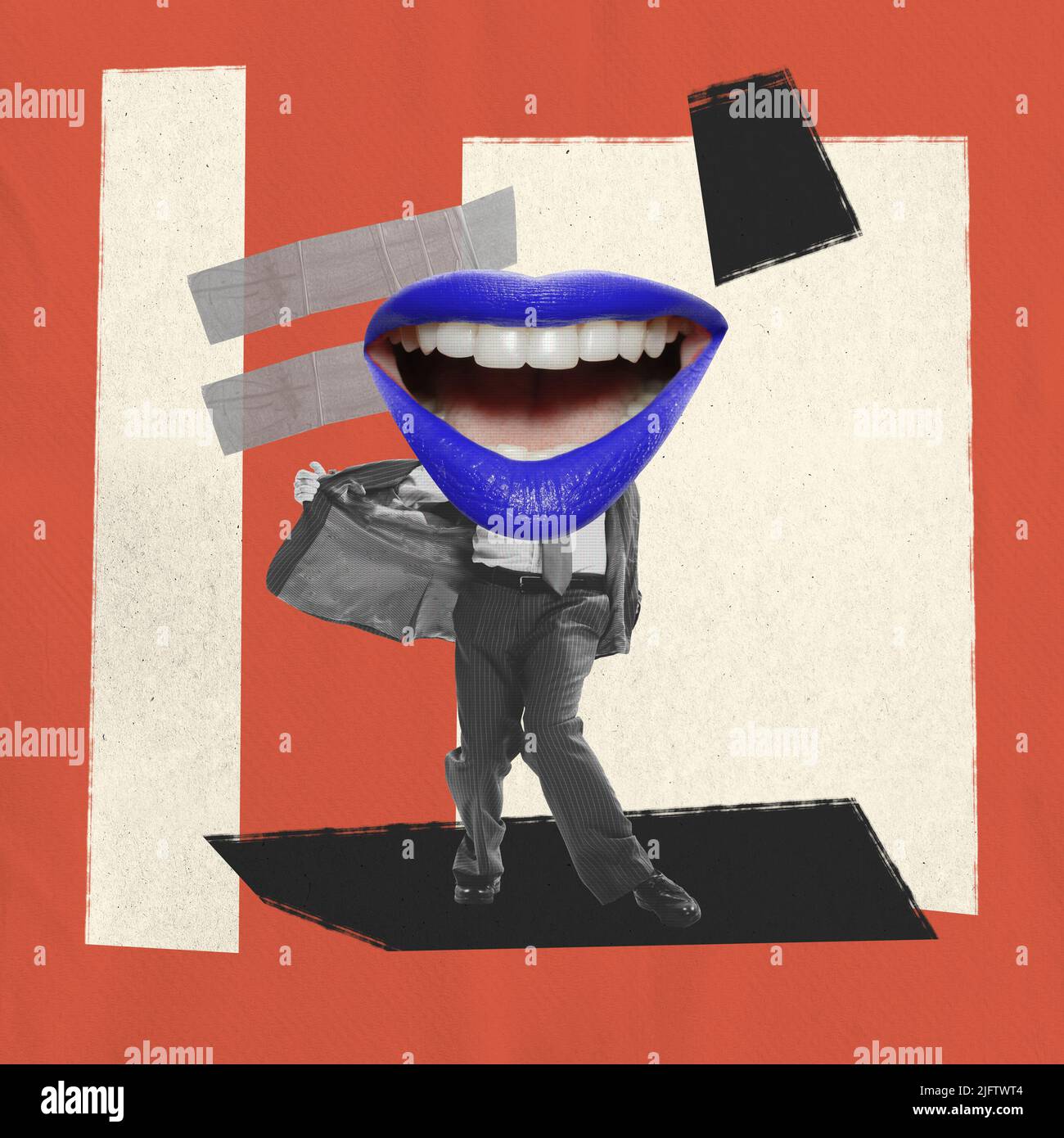 Composition with man in retro style outfit with big mouth over abstract ...
