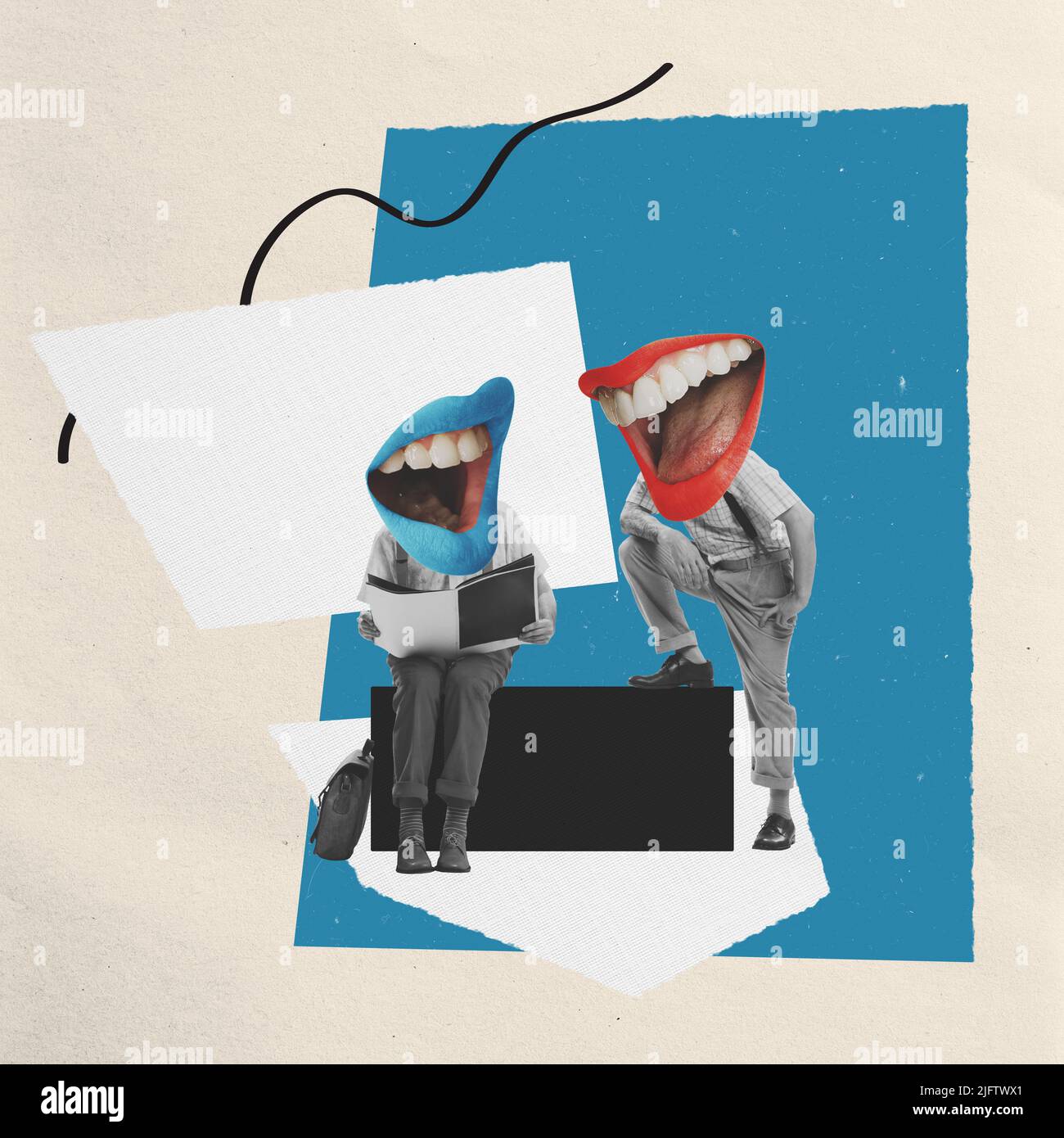 Contemporary art collage. Two man with big smiling mouths instead heads ...