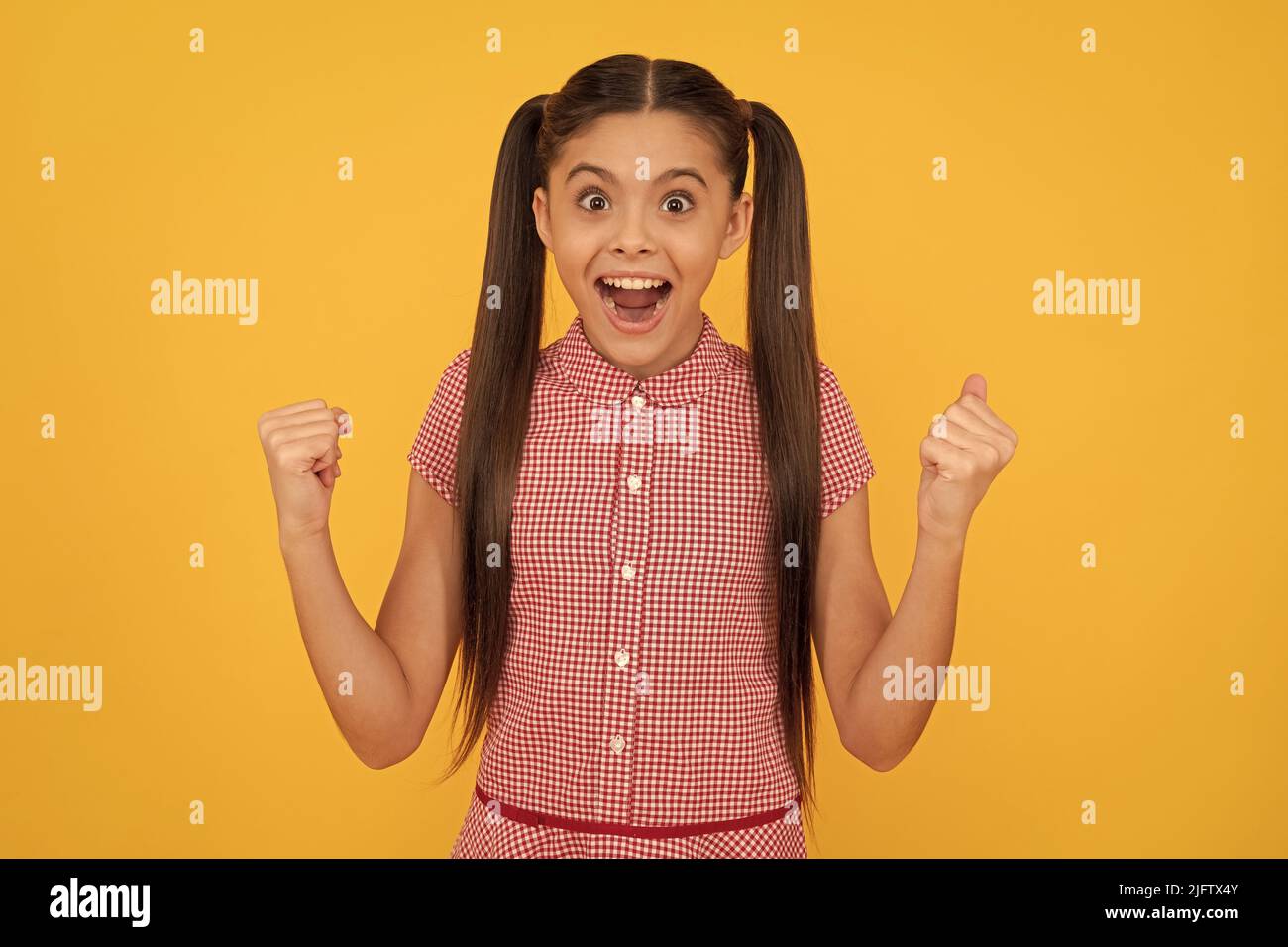 I can and I win. Happy girl scream making winning gesture. Excited ...