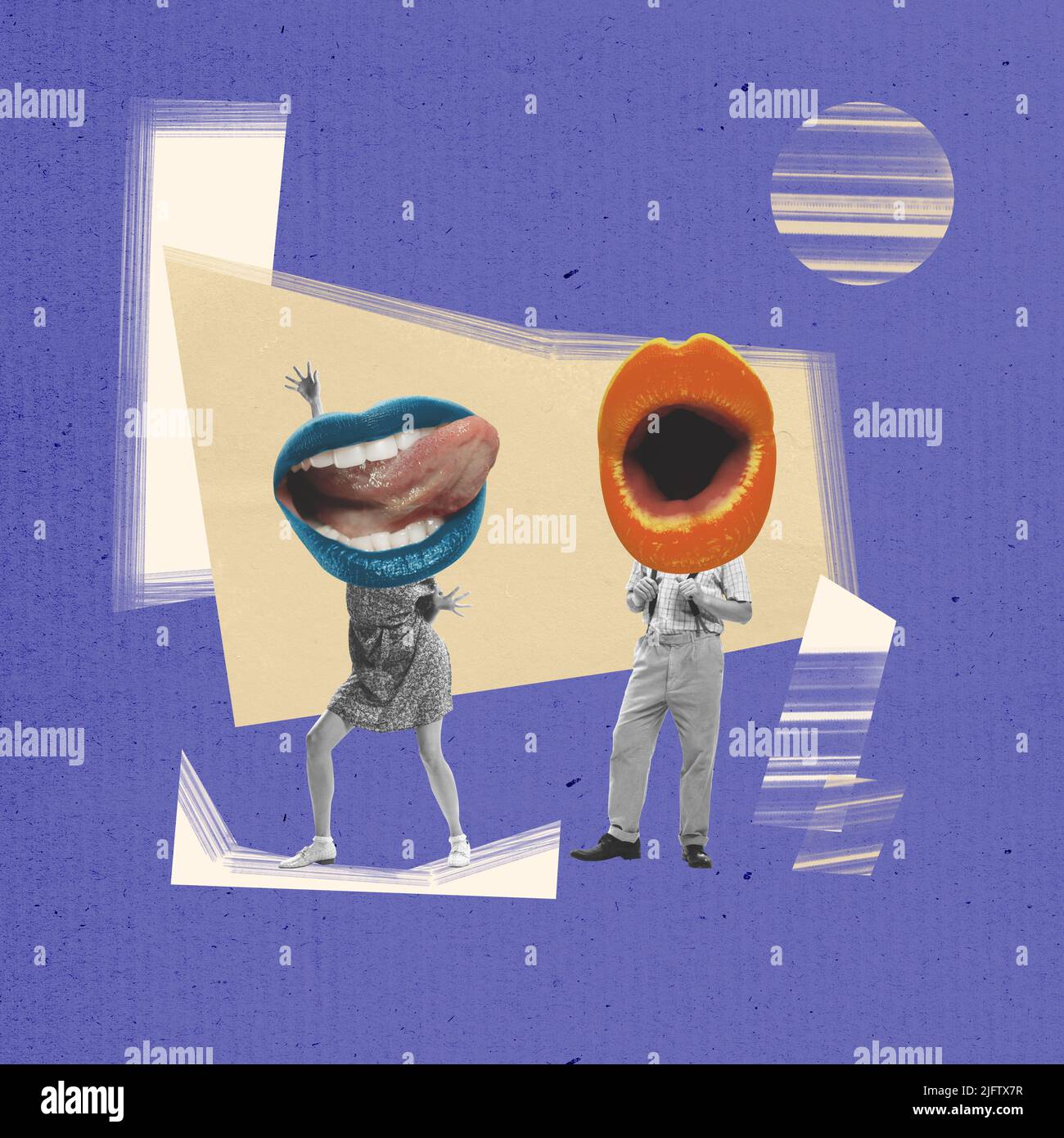 Contemporary art collage. Couple, man and woman with big open mouths ...
